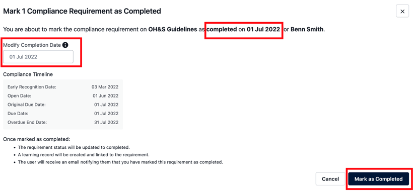 Mark compliance requirements as completed