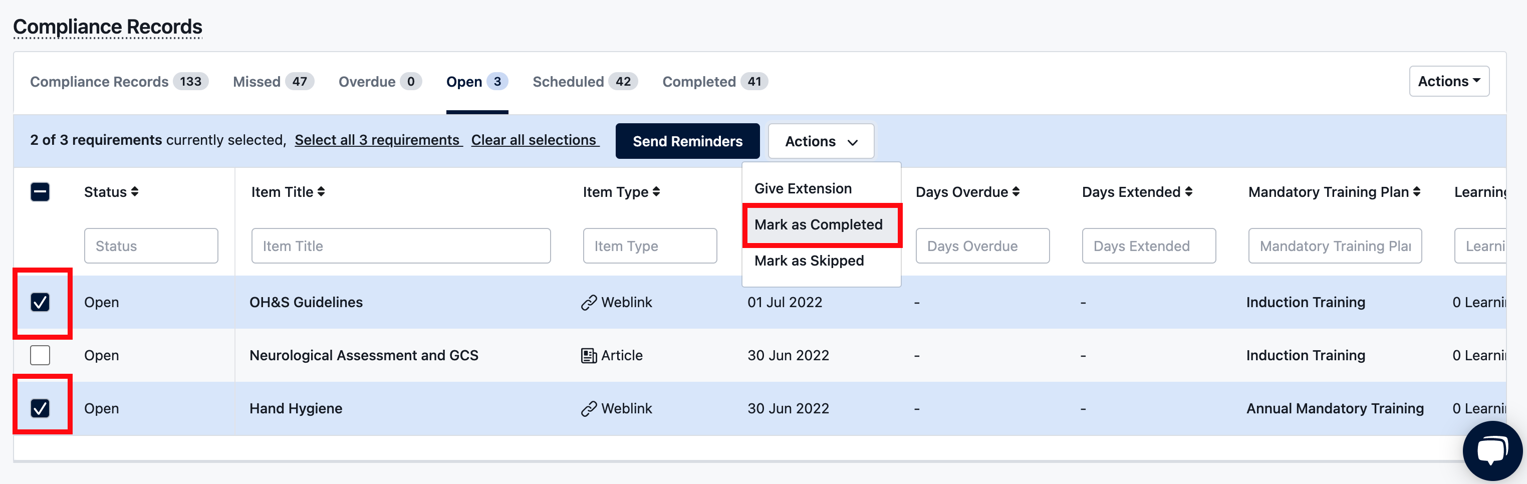 Mark compliance requirements as completed